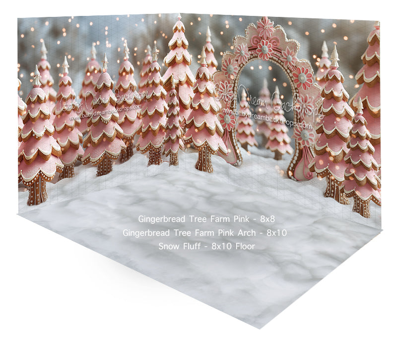 Room Gingerbread Tree Farm Pink + Arch + Snow Fluff – Baby Dream Backdrops